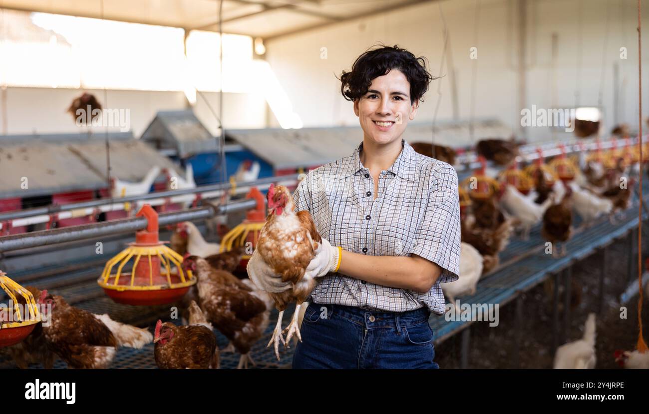 Female farmer holding chicken in poultry farm Stock Photo - Alamy