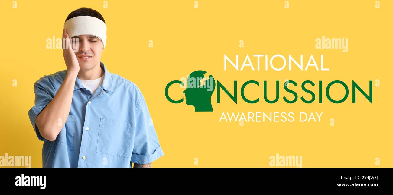 Banner for National Concussion Awareness Day with young man after ...