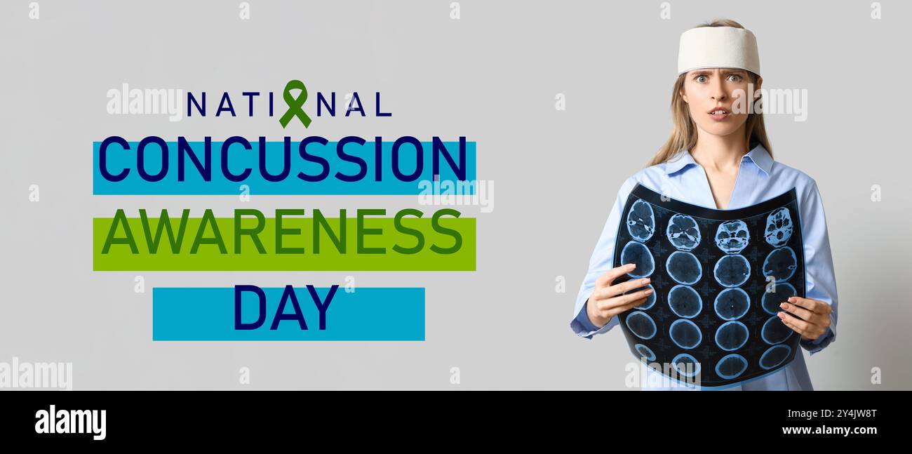 Banner for National Concussion Awareness Day with young woman after ...