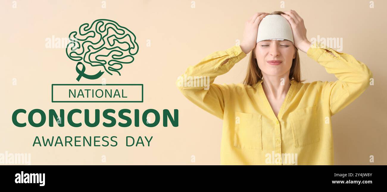 Banner for National Concussion Awareness Day with young woman after ...