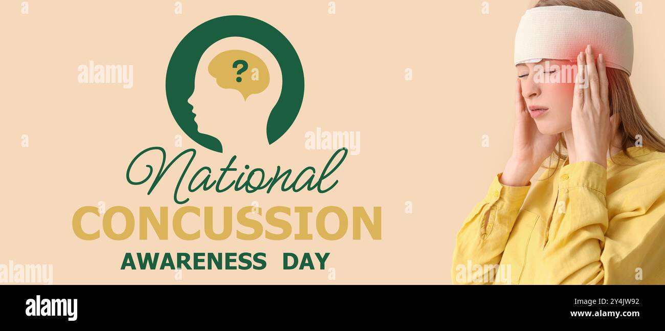 Banner for National Concussion Awareness Day with young woman after ...