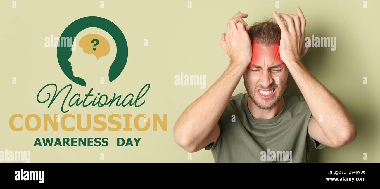 Banner for National Concussion Awareness Day with young man after ...