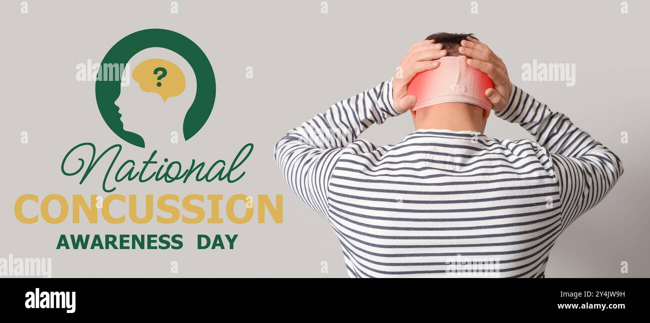 Banner for National Concussion Awareness Day with young man after ...