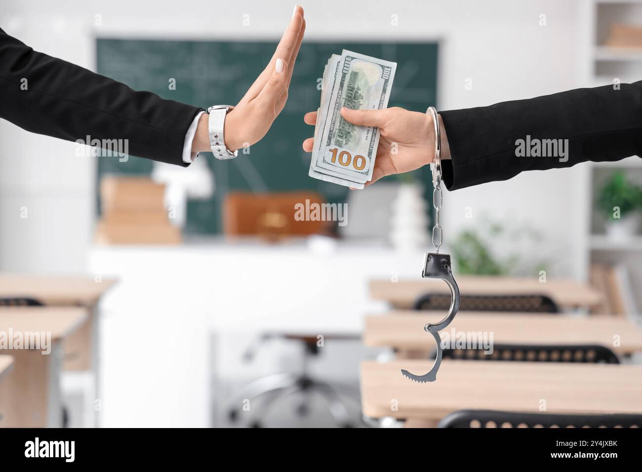 Female teacher refusing to take bribe in classroom, closeup. Corruption ...