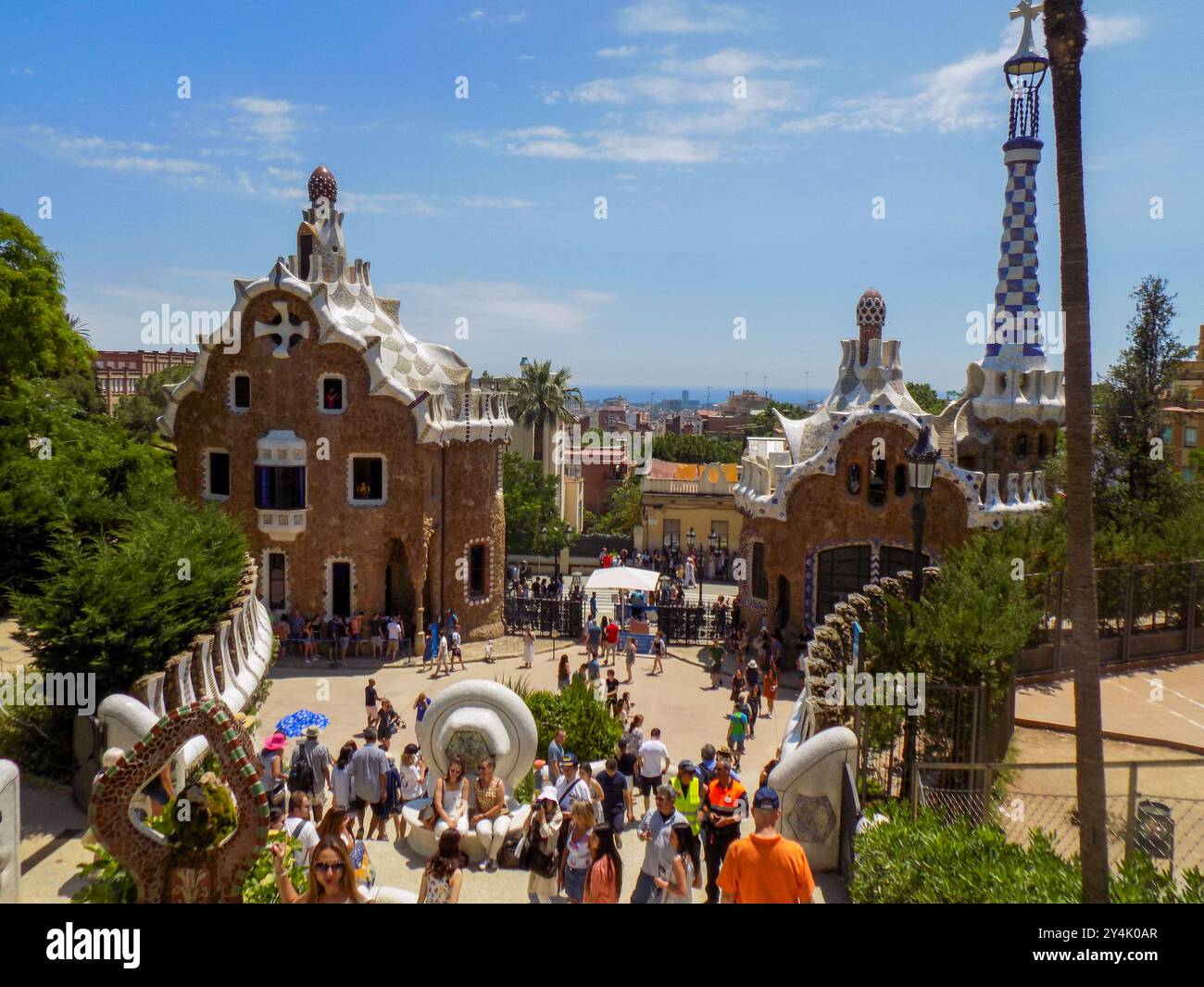 Parque Guell, a monument to Antonio, Gaudi looking at the Main Pavilion ...