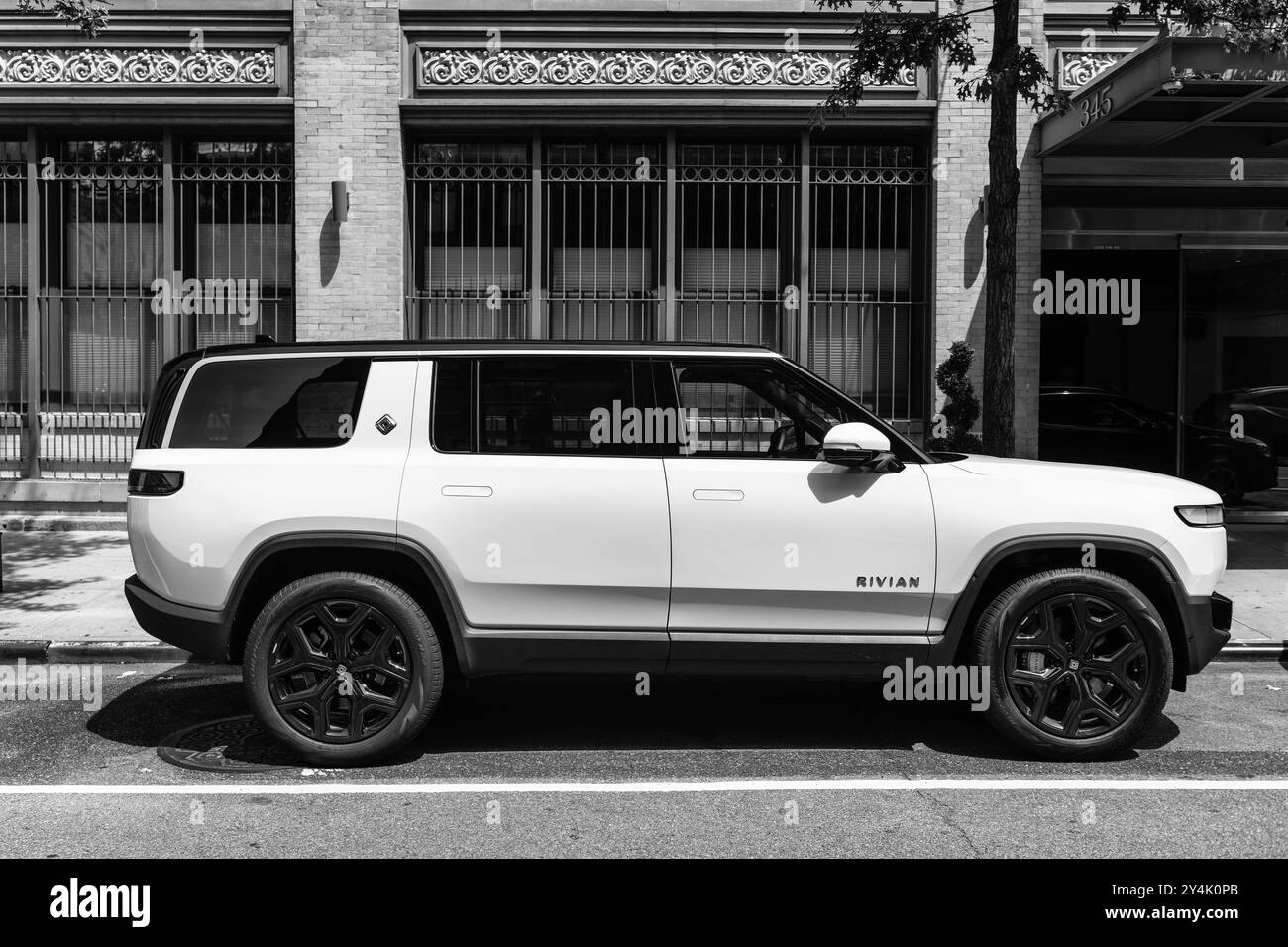 New York City, USA - August 06, 2023: Rivian R1S SUV white electric car ...
