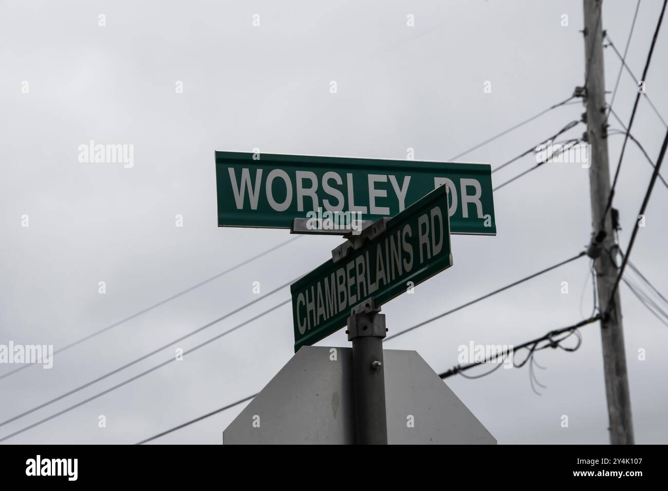 Worsley Drive and Chamberlains Road street signs in Conception Bay ...