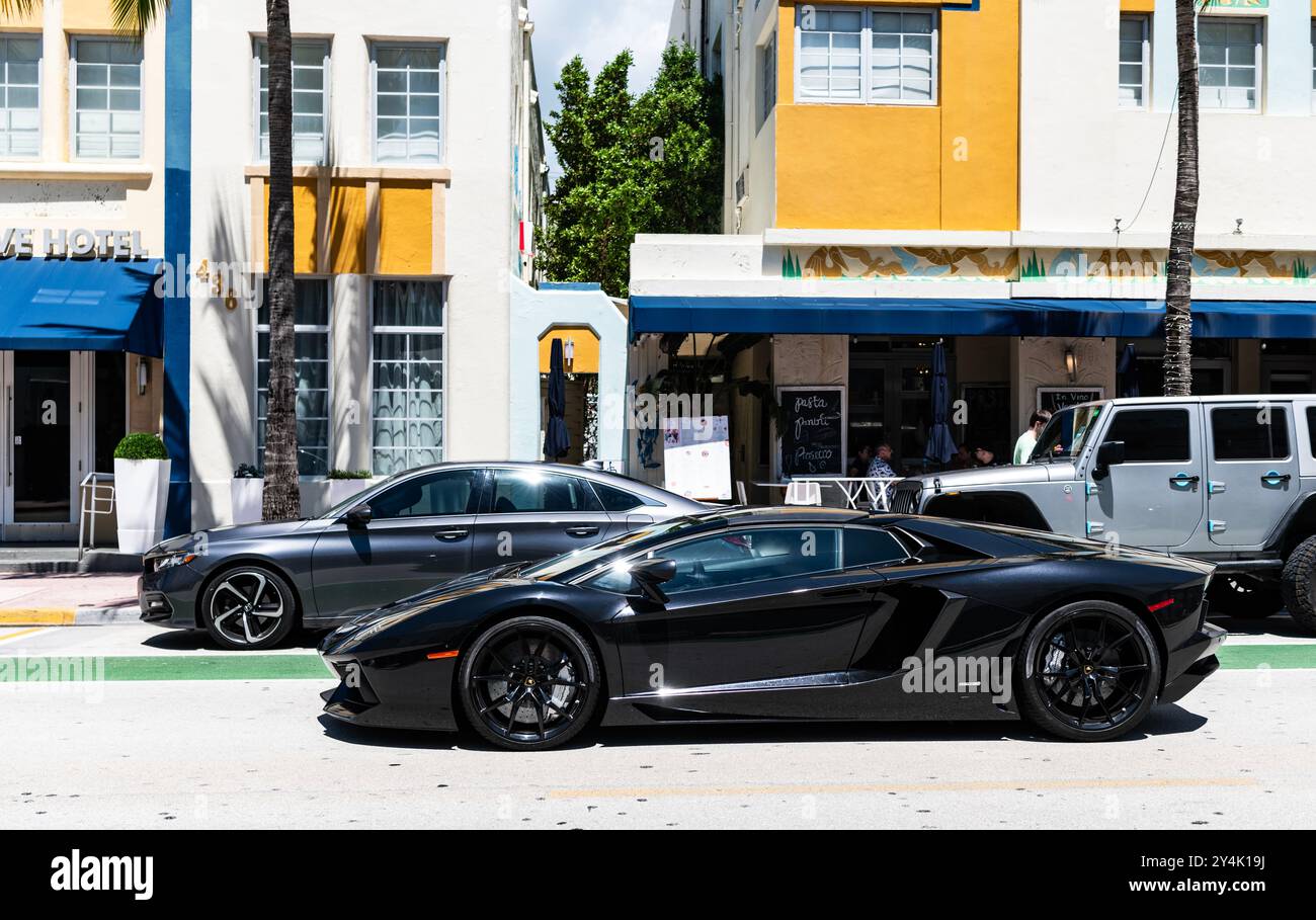 Miami Beach, Florida USA - June 8, 2024: 2023 Lamborghini Huracan Tecnica green at miami beach ...