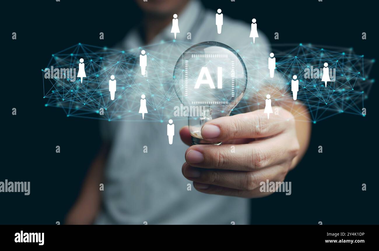 AI technology for HR, Human resources. A man holds lightbulb with artificial intelligence chip ...