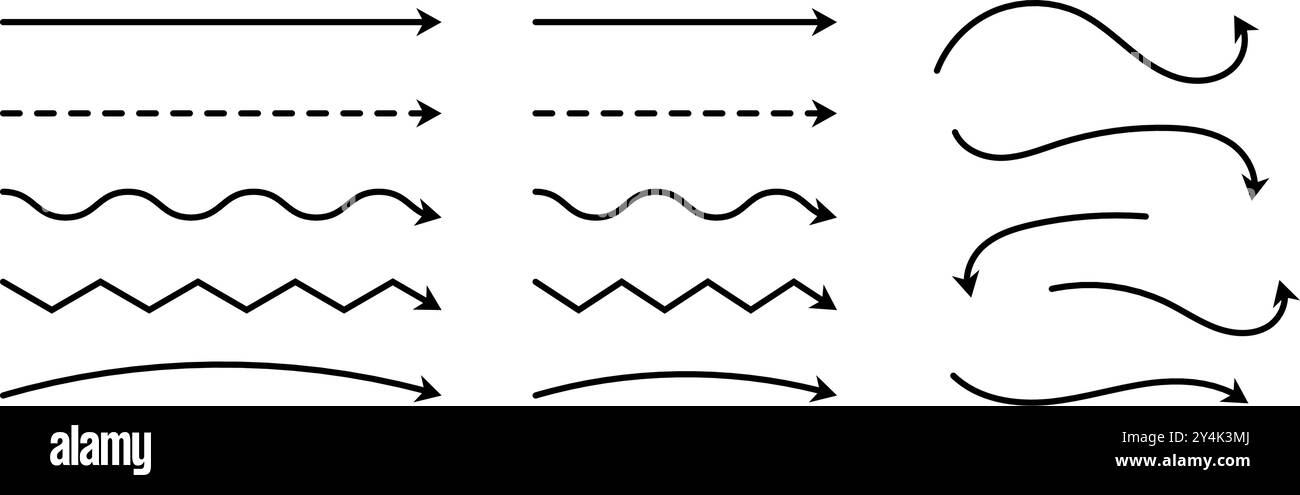 Black arrows set. Wavy and zigzag arrow collection. Doodle sketched ...