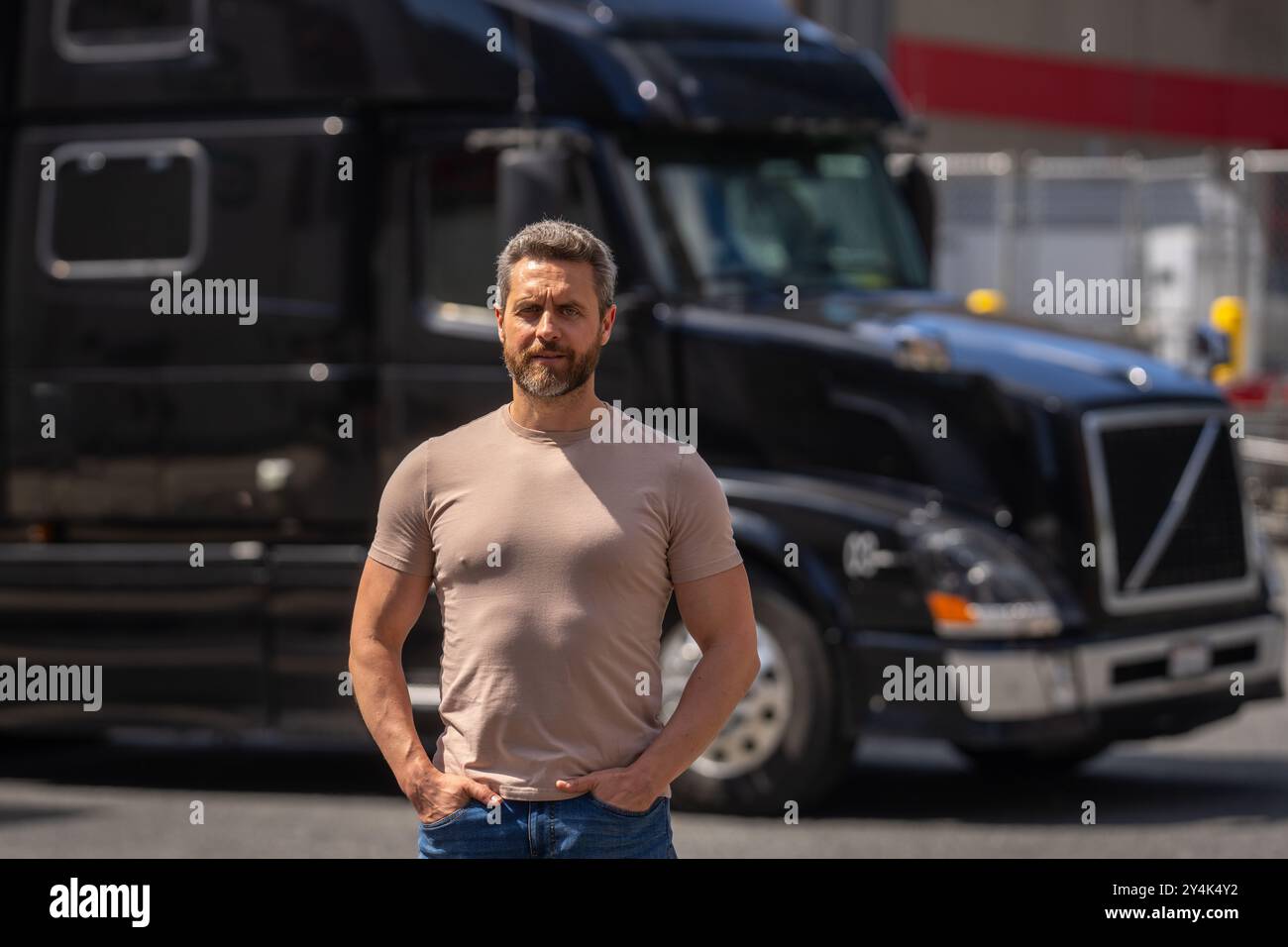 Truck driver. CDL. Men driver near lorry truck. Man owner truck driver ...