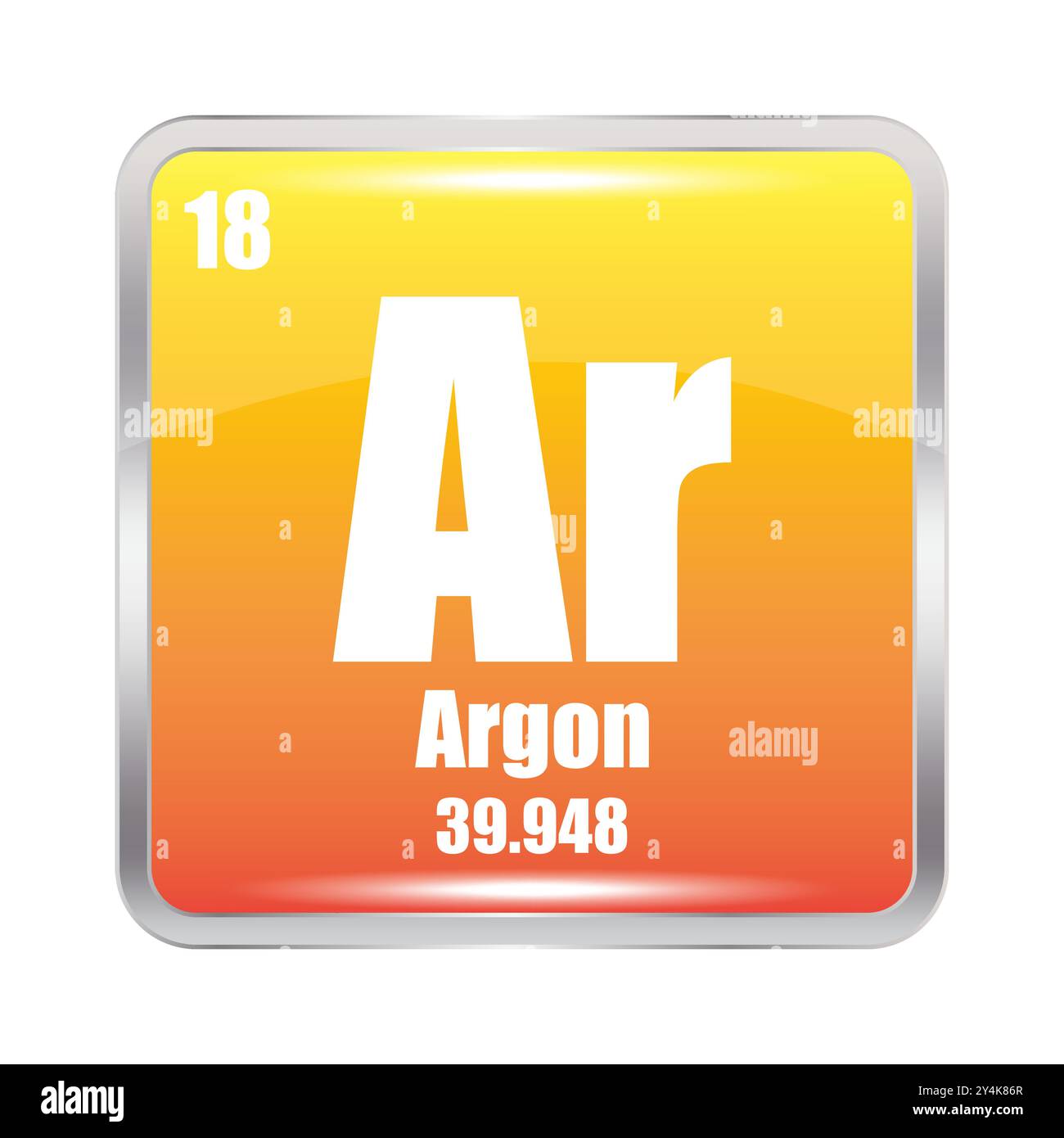 Argon icon. Ar chemical element. Atomic number 18. Mass 39.948. Yellow ...