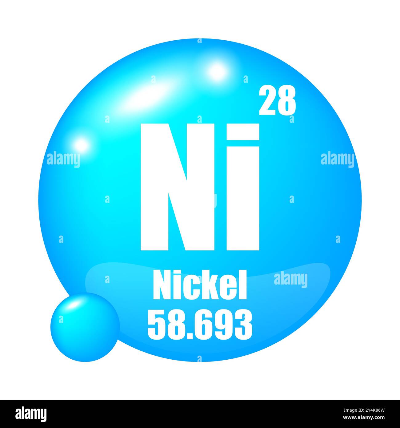 Nickel icon. Ni chemical element. Atomic number 28. Mass 58.693. Blue ...