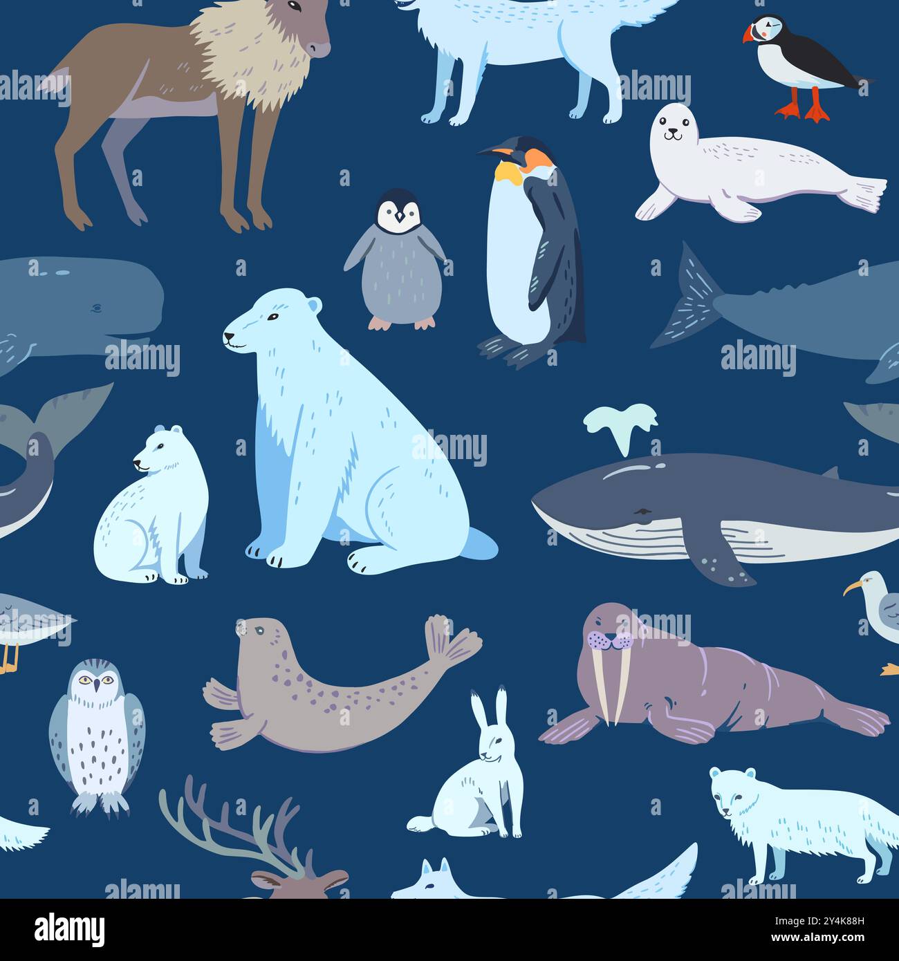 Seamless pattern with cartoon arctic and antarctic animals. Vector hand ...