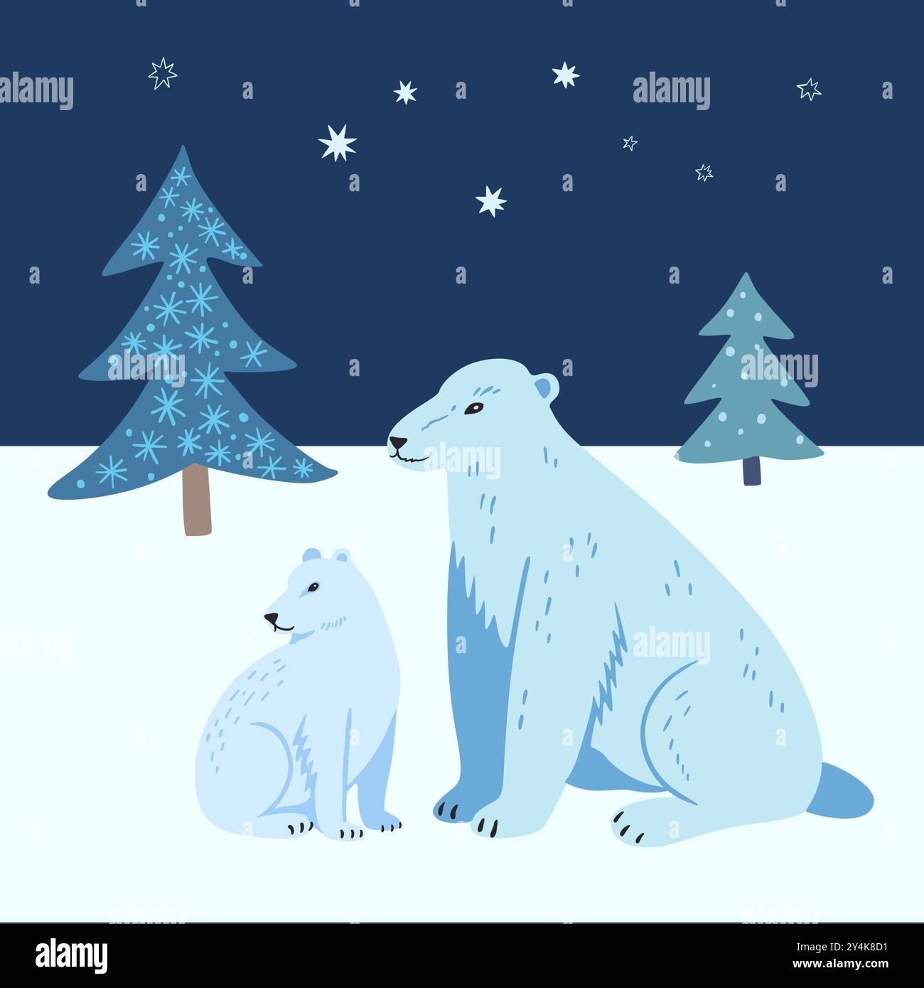 Mama bear and cute baby bear in night winter landscape. with stars and ...