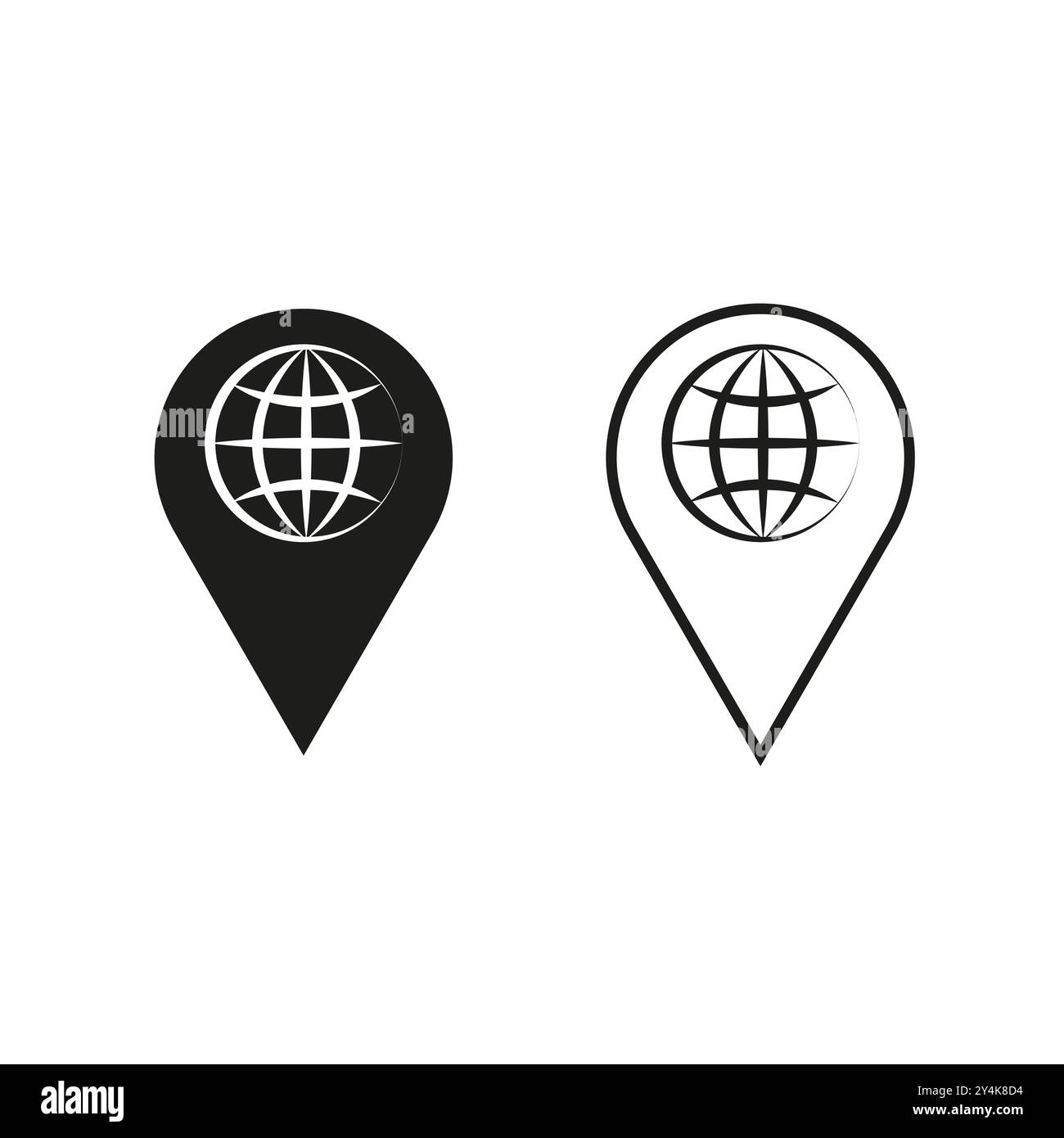 Location pin icons. Global symbol inside. Simple vector shapes. Map ...