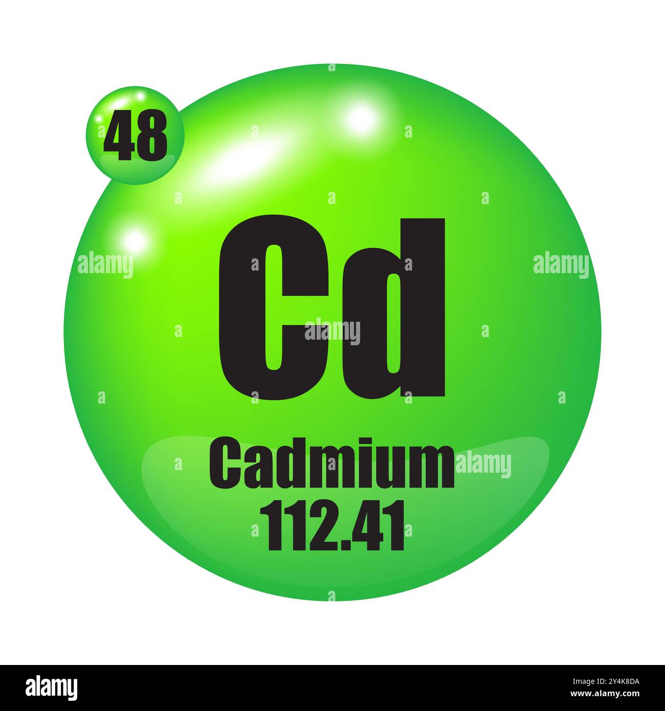 Cd chemical element. Atomic number 48. Mass 112.41. Green sphere image ...