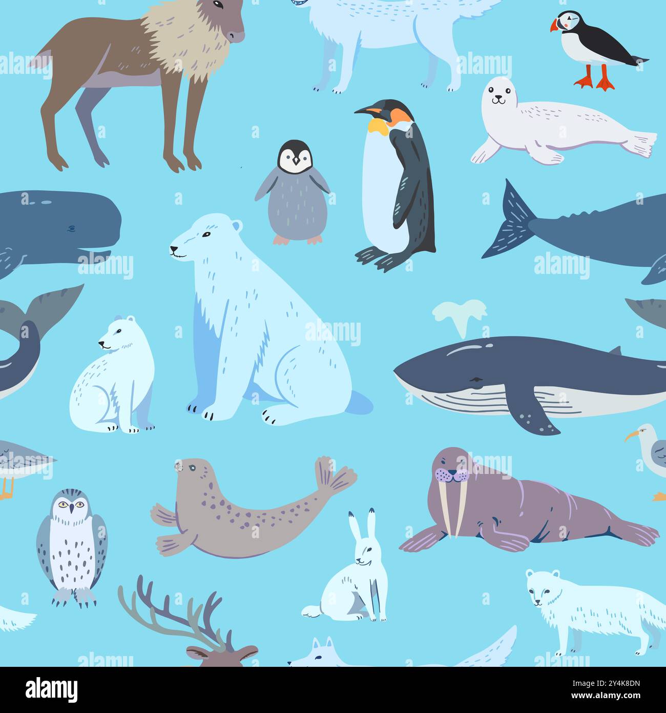 Seamless pattern with cartoon arctic and antarctic animals. Vector hand ...
