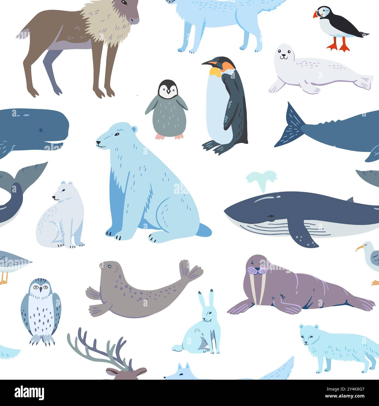 Seamless pattern with cartoon arctic and antarctic animals. Vector hand ...