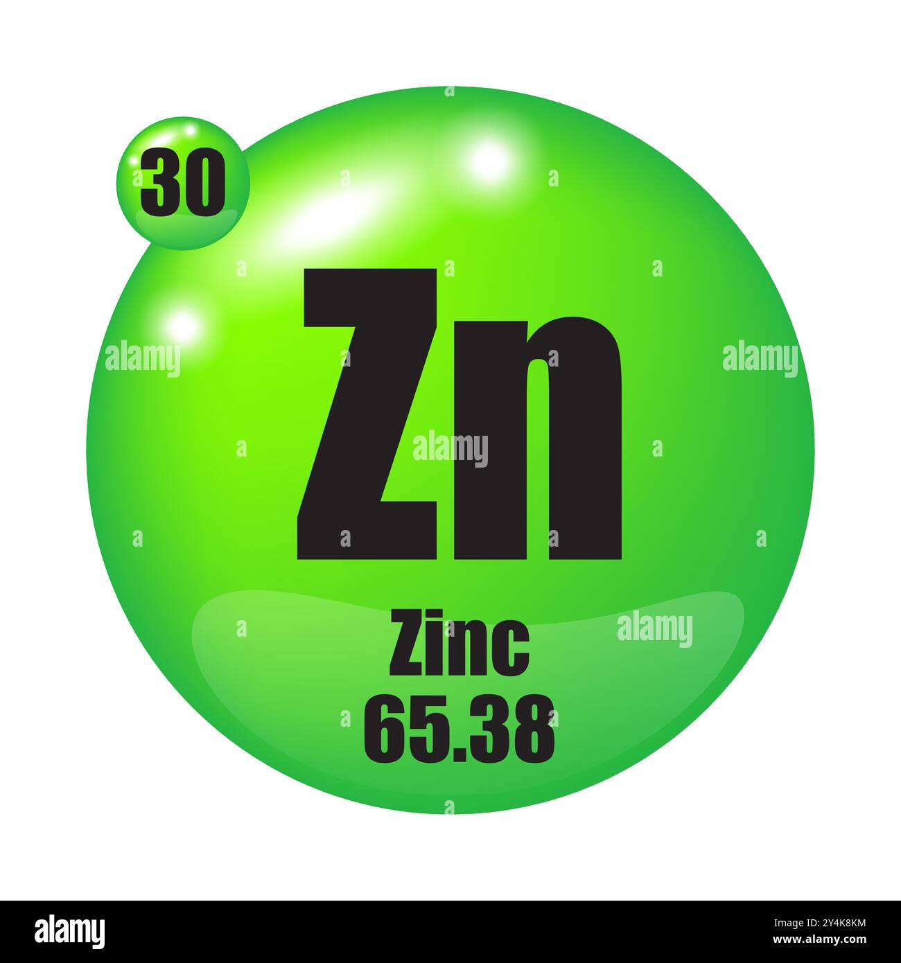 Zinc icon. Zn chemical element. Atomic number 30. Mass 65.38. Green ...