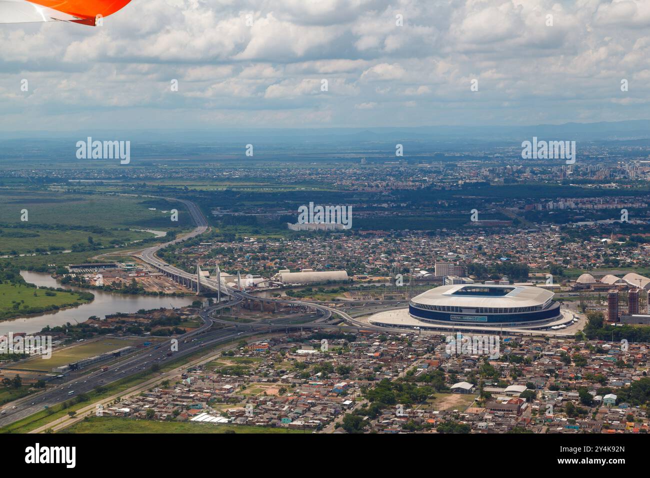 The Gremio Arena soccer stadium and the bridge over Jacui and Gravai ...