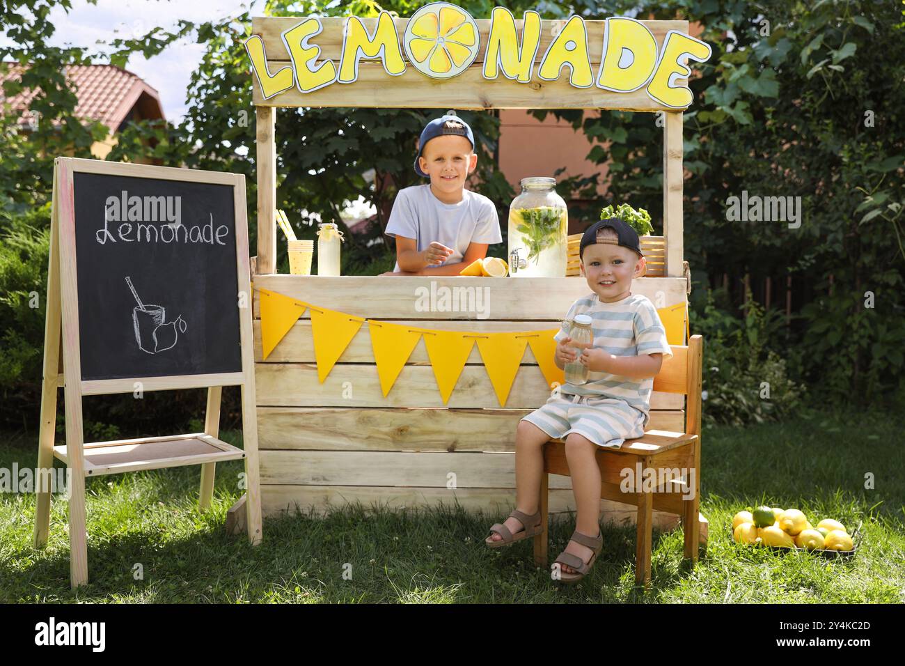 Cute boys near lemonade stand in park Stock Photo - Alamy