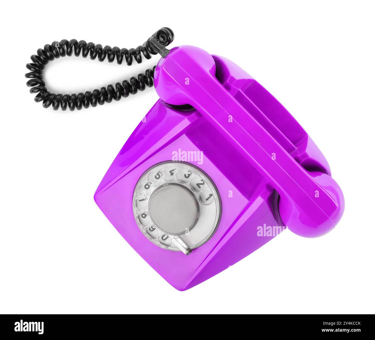 Old violet telephone with rotary dial isolated on white, top view Stock ...