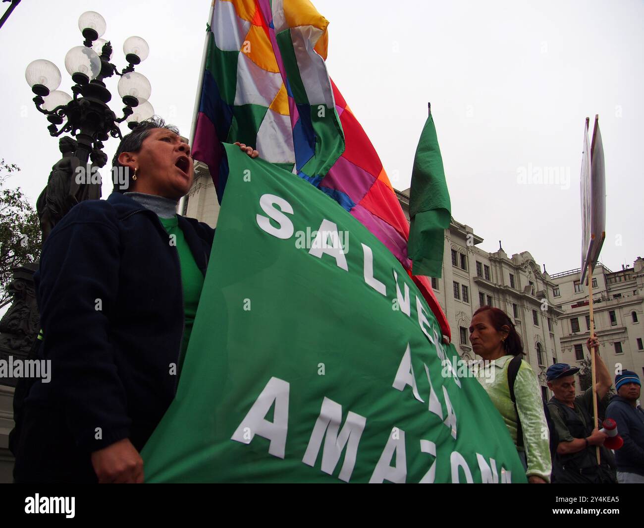 Lima, Peru. 18th Sep, 2024. "Save the Amazon" can be read on a banner ...