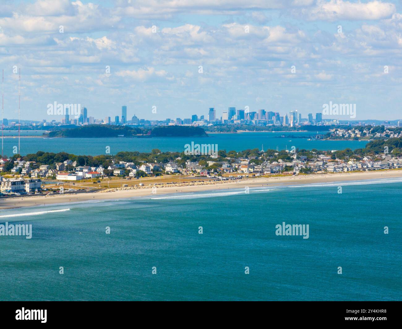 Hull historic Nantasket Beach aerial view with Boston modern city ...