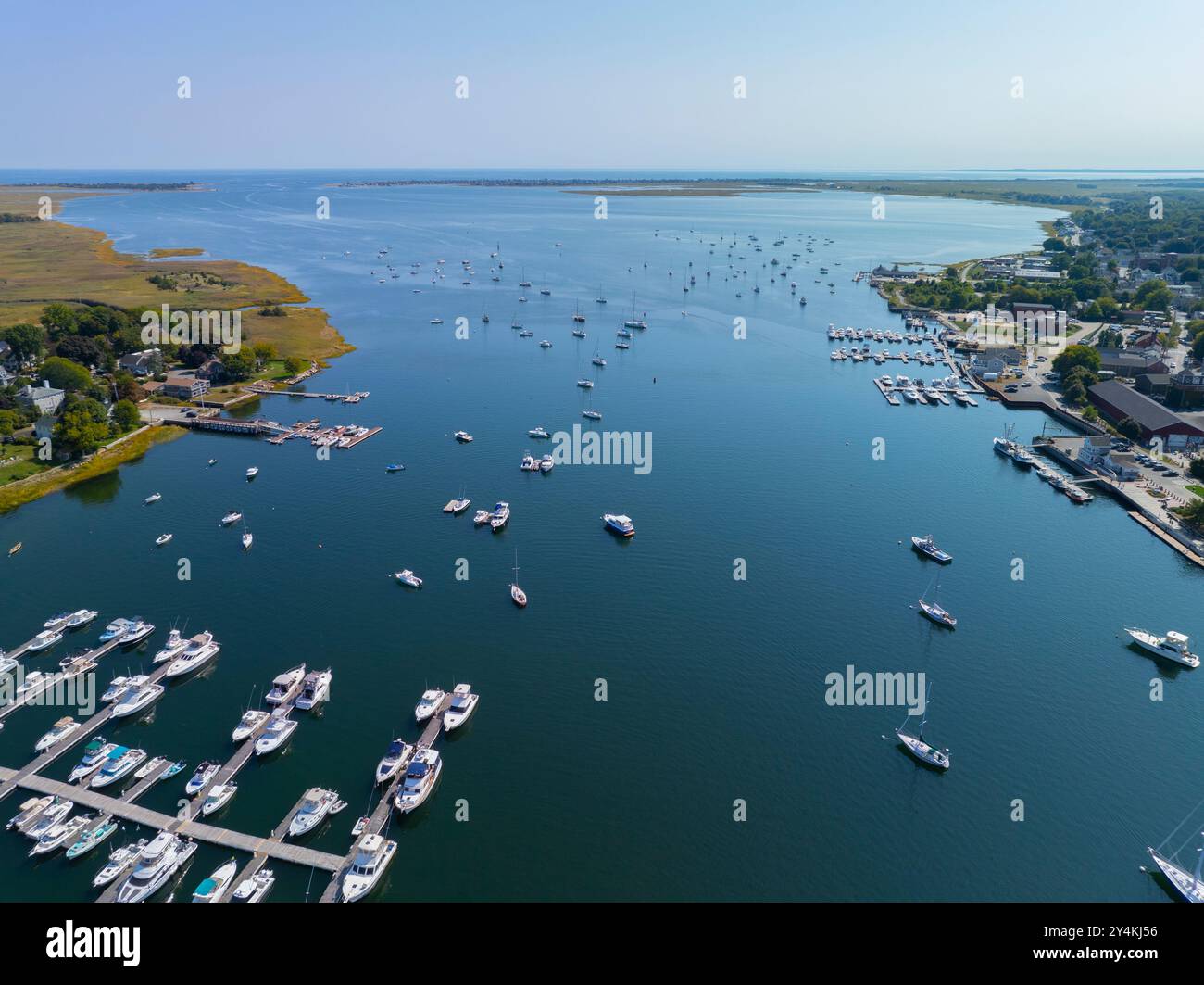 Merrimack River aerial view near the river mouth to the Atlantic Ocean ...