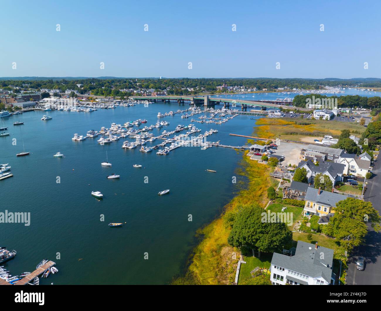 Gillis Memorial Bridge over Merrimack River aerial view in historic ...