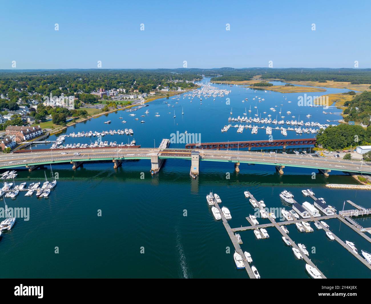 Gillis Memorial Bridge over Merrimack River aerial view in historic ...