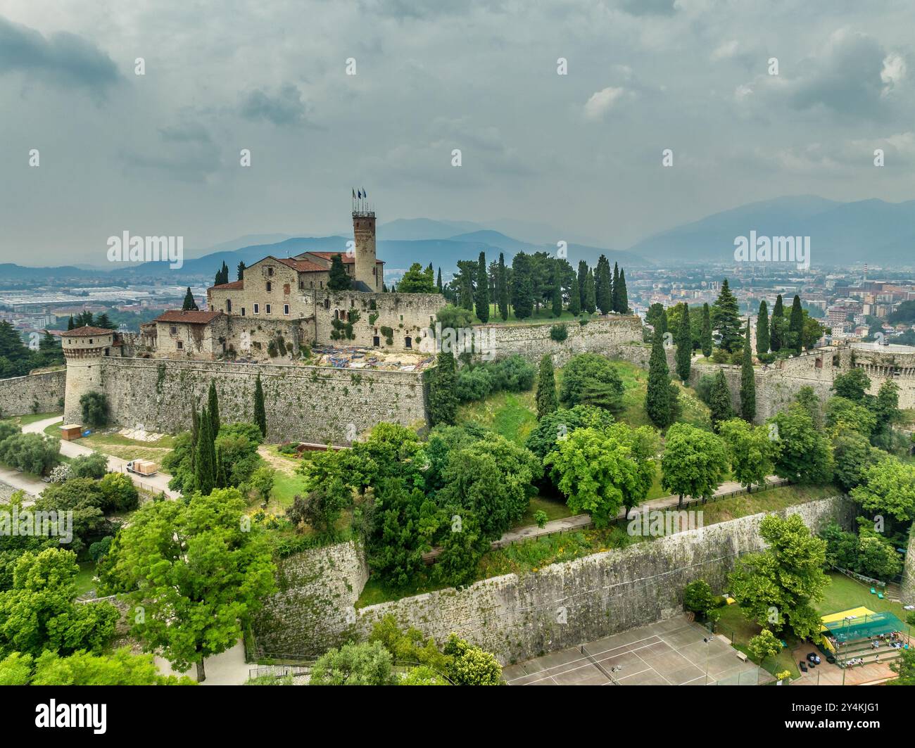 Aerial view of Brescia medieval castle, city center, city walls ...