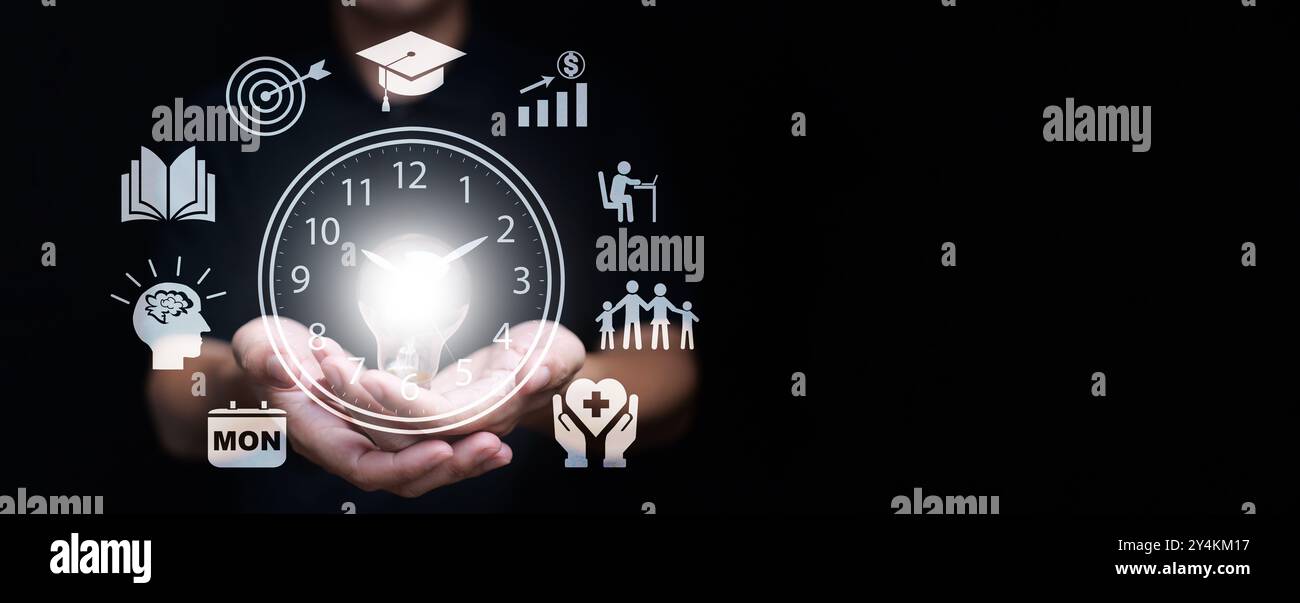 Time management concept. Man with clock, lightbulb, and time managing ...