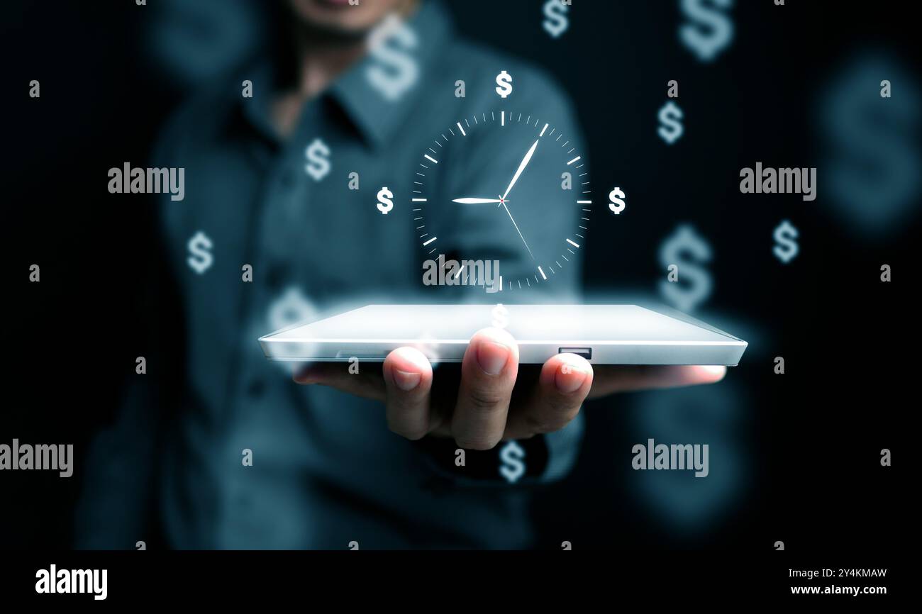 Time management concept, Man with clock, tablet, and dollar signs in ...