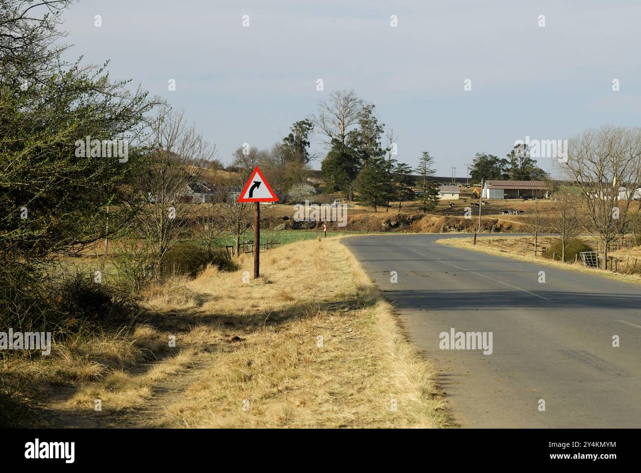 Farm country landscape in foot hills of Drakensberg, road in rural ...