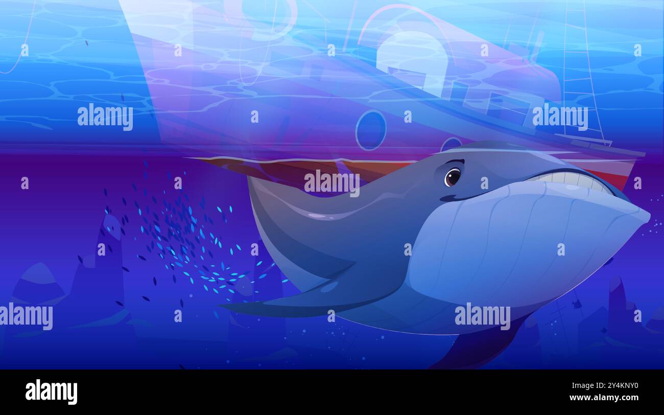 Large whale pushing fishing boat from bottom underwater. Sea or ocean ...