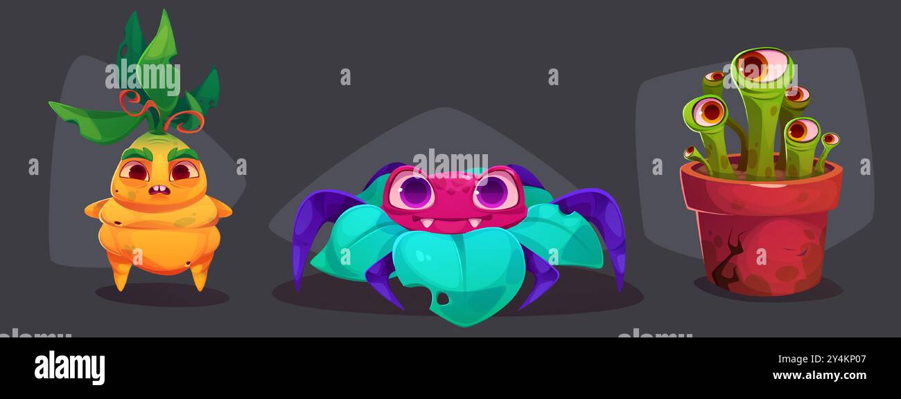 Creepy monster plants set isolated on black background. Vector cartoon ...