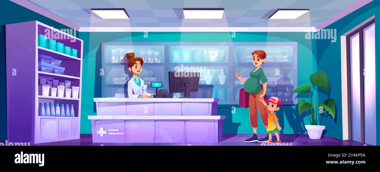 Pharmacy store interior with pregnant woman and kid boy, pharmacist at ...