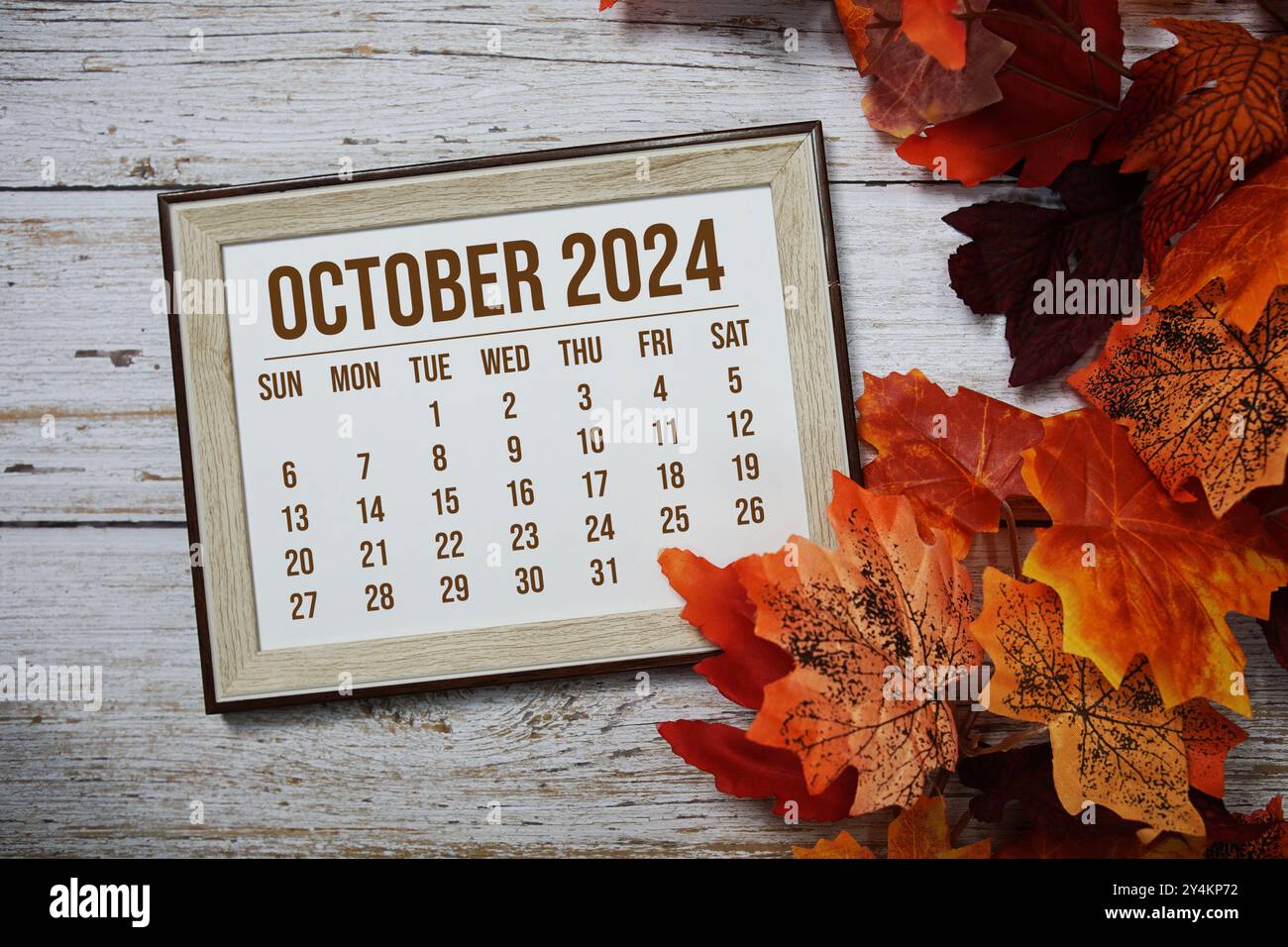 October 2024 monthly calendar with maple leaf on wooden background ...