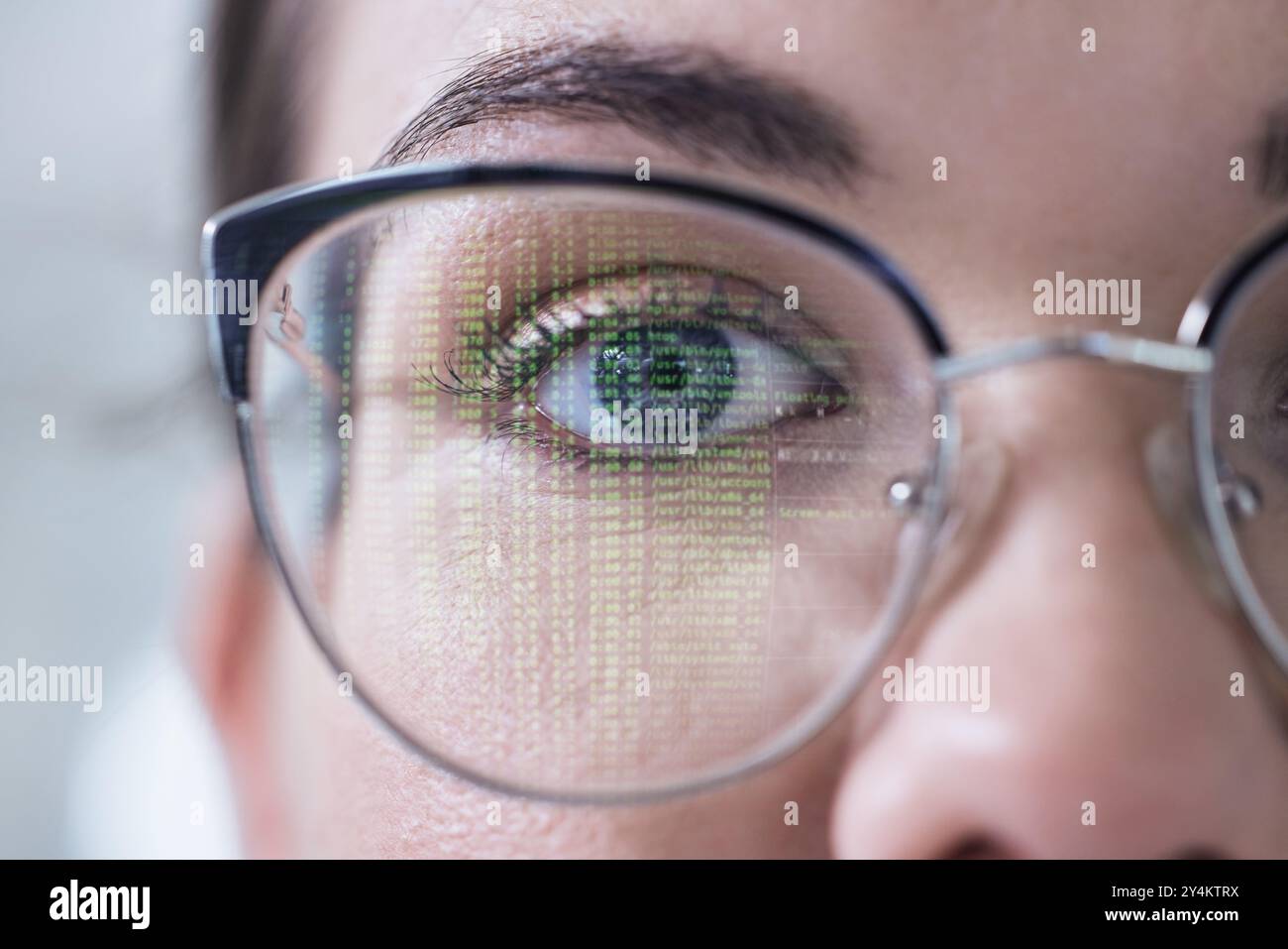 Closeup, portrait or woman with glasses and coding reflection for vision, eyes healthcare or ...