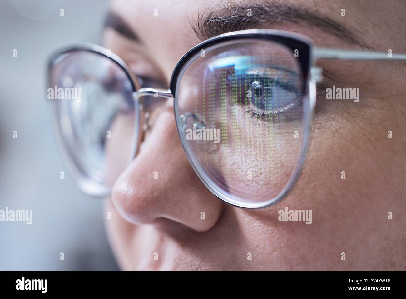 Closeup, reading or woman with glasses and coding reflection for vision, eyes healthcare or ...