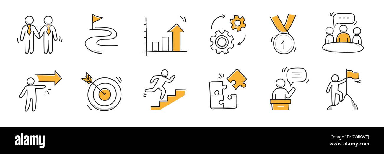 Doodle career icon set. Success winner, business goal, challenge hand ...