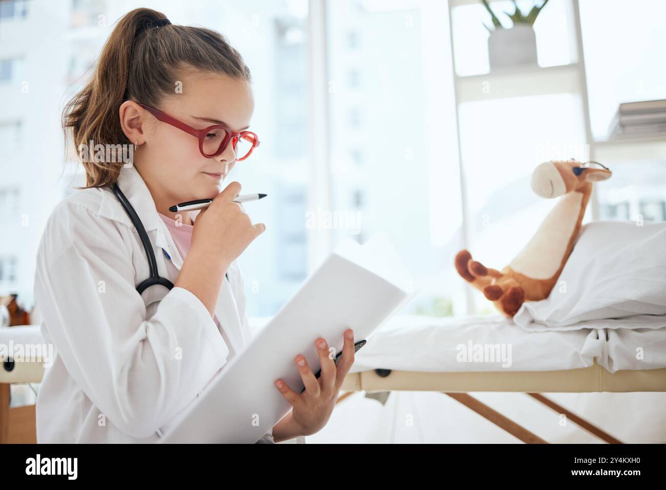 Pretend, paper and child doctor with teddy bear in home for fantasy ...