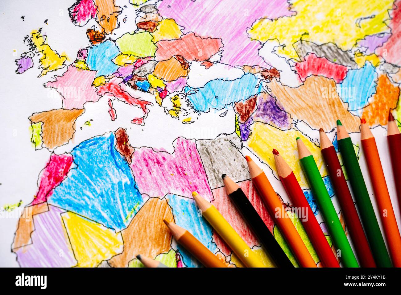 Color drawing world map with colored pencils for children and kids ...