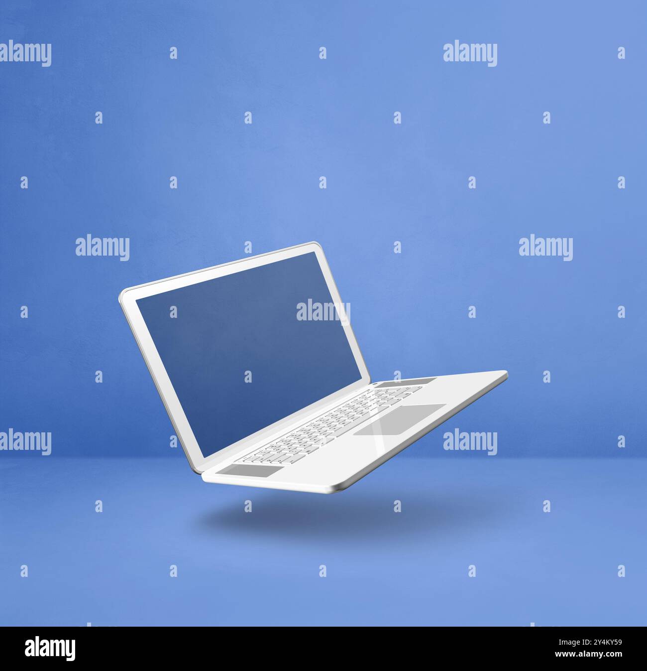 Blank computer laptop floating over a blue background. 3D isolated ...
