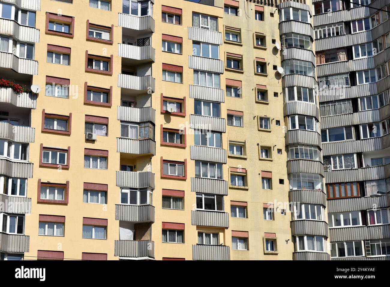 Typical facade of concrete panel building. Post Soviet flat of blocks ...