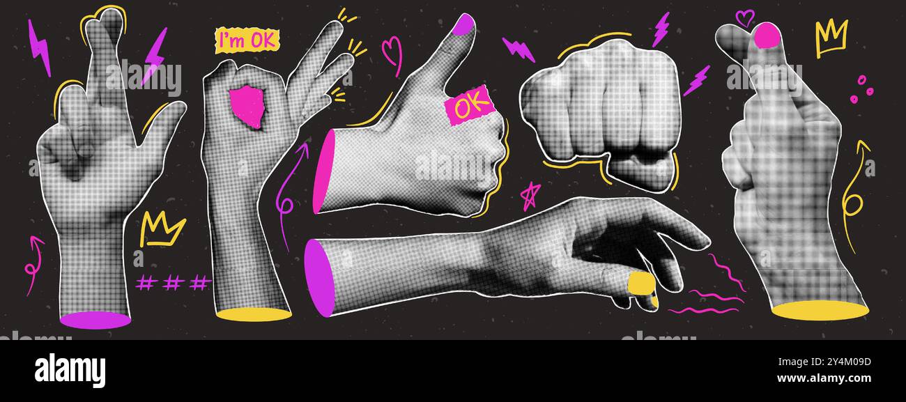 Halftone collage hands with doodle elements. Y2k collage design. Vector ...
