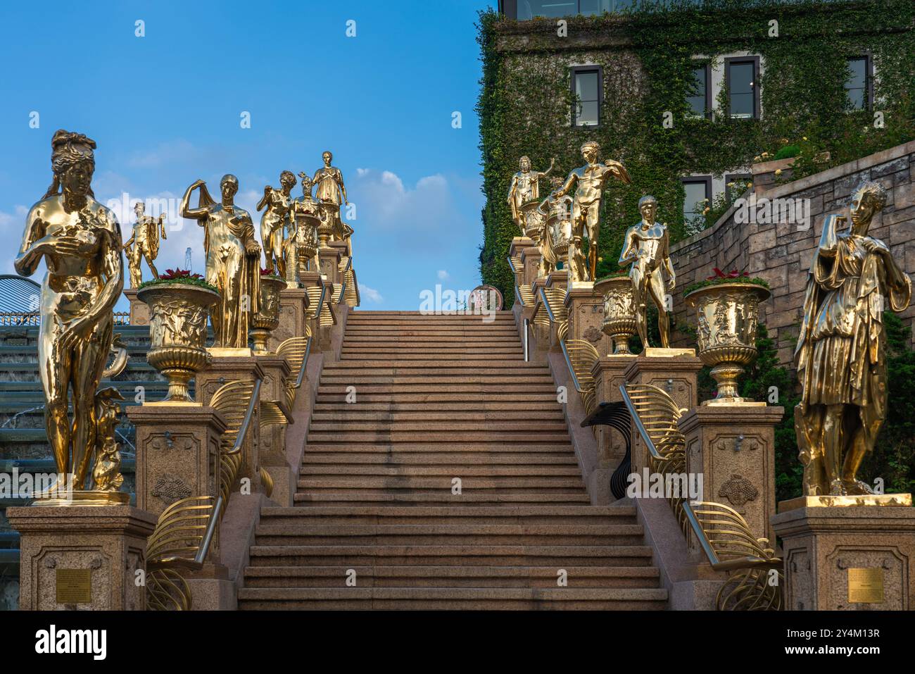 This is a staircase lined each side with golden statues in the famous ...