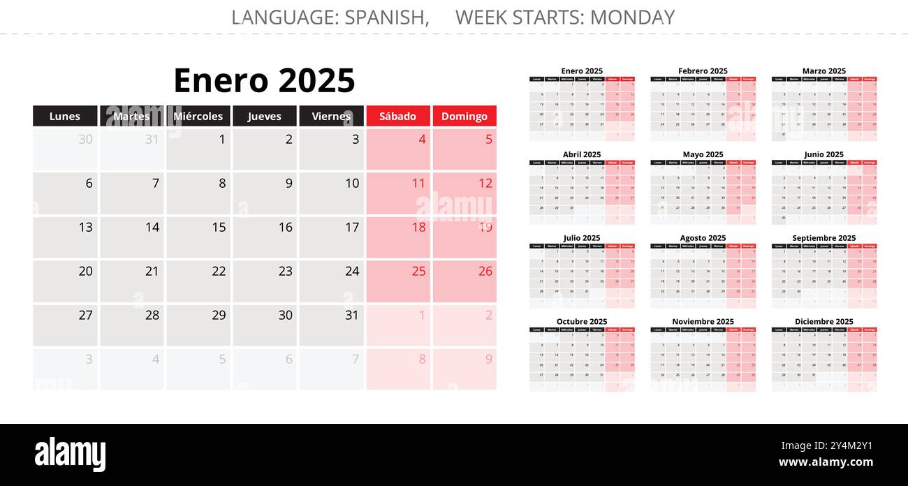 2025 Spanish calendar. A collection of vector illustrations for each month in year. For Spain ...